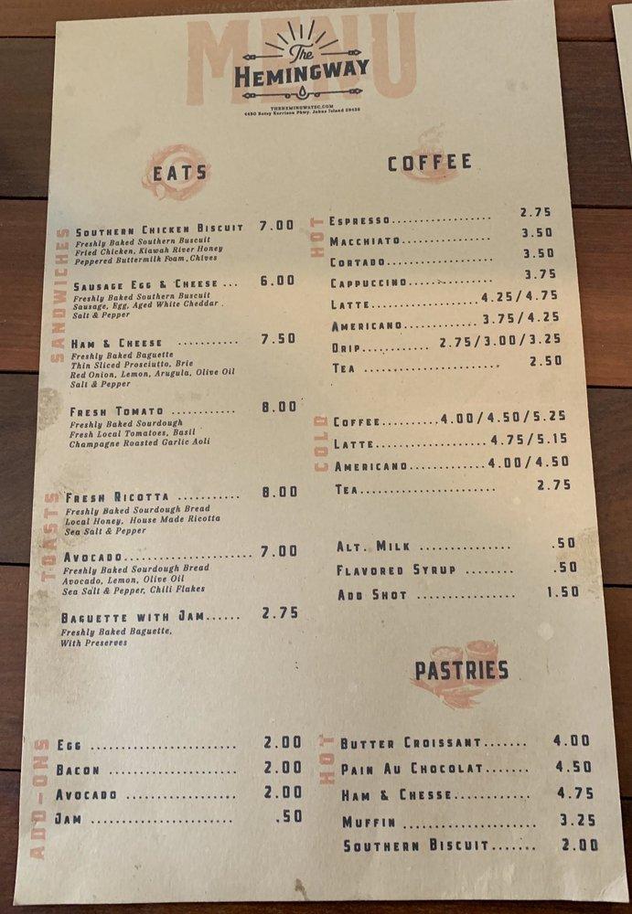 Menu at The Hemingway pub & bar, Johns Island