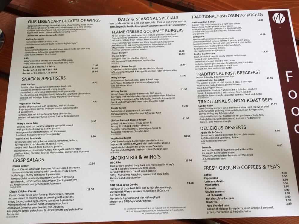 Menu at Waxy's Irish Pub & Restaurant, Frankfurt