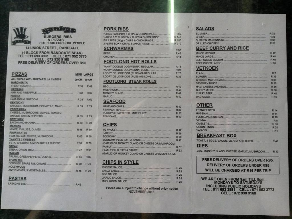 Menu at Yankys Burgers & Pizzas Randgate restaurant, Randfontein