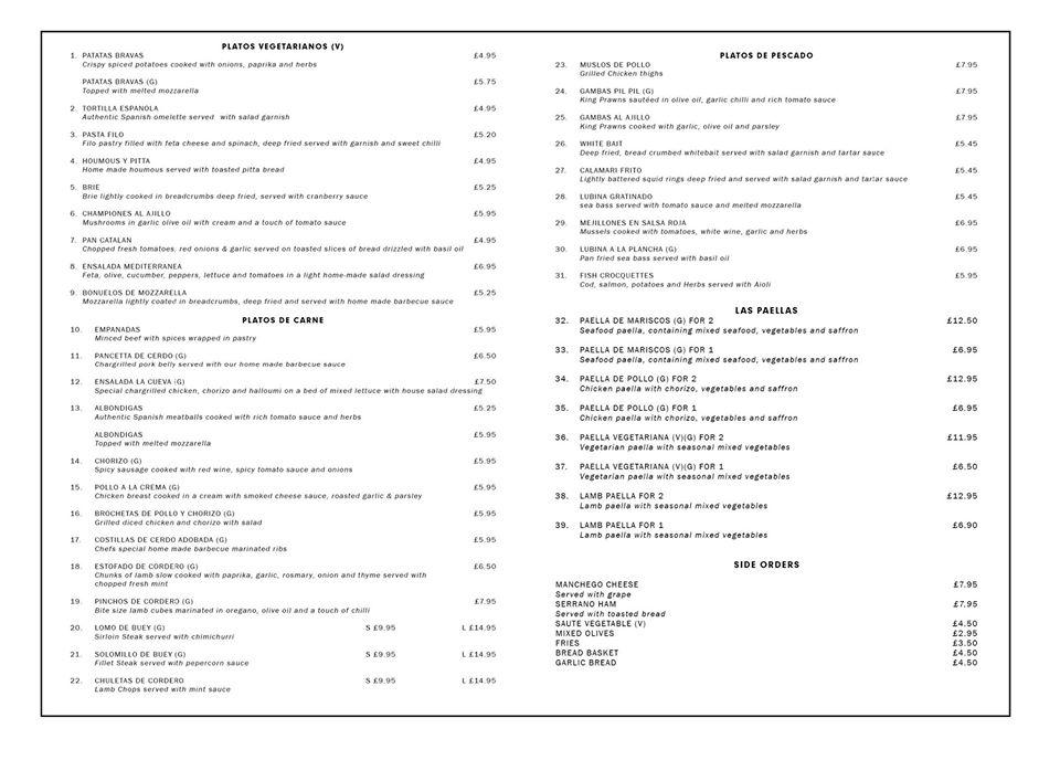 Menu at La Cueva restaurant, Cheadle