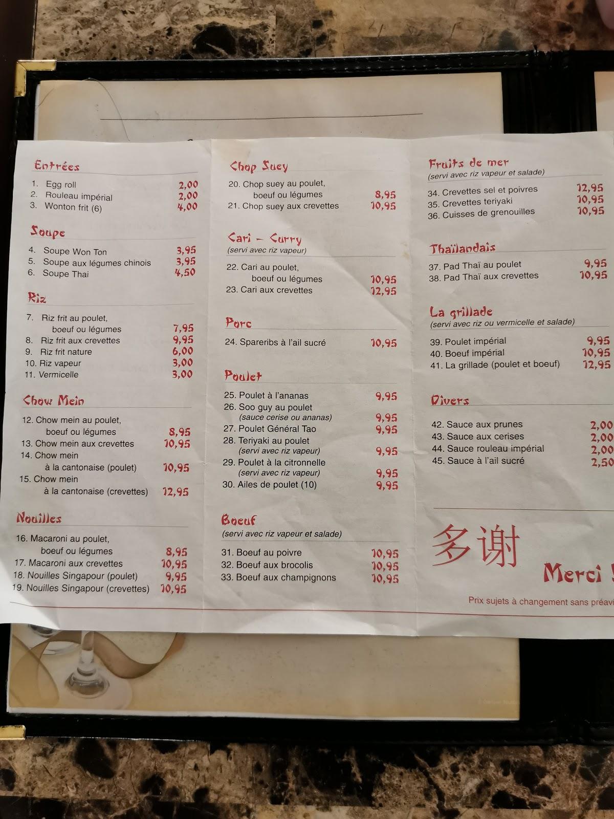 Menu au Le Restaurant FU, Victoriaville