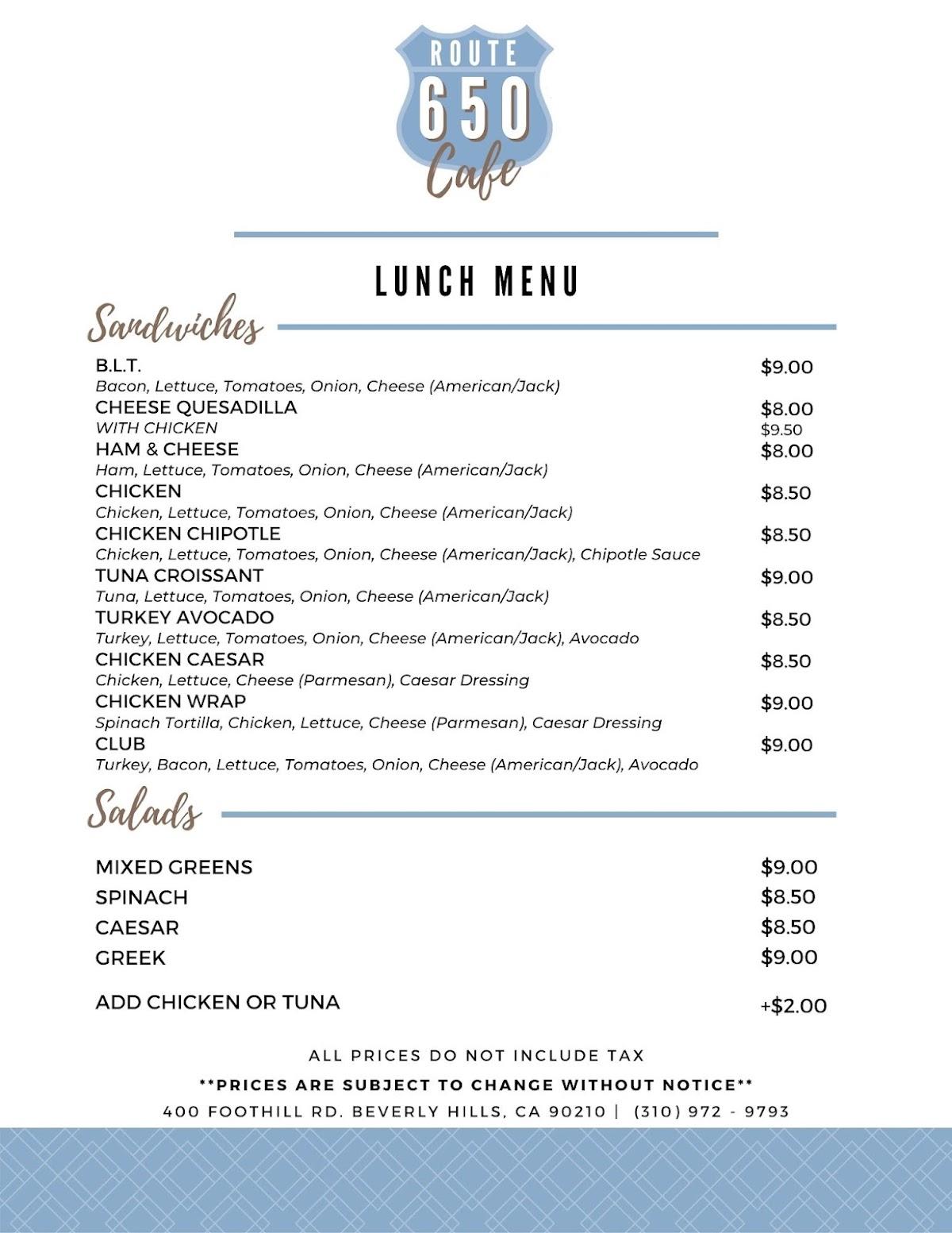 Menu at Route 650 Cafe, Beverly Hills