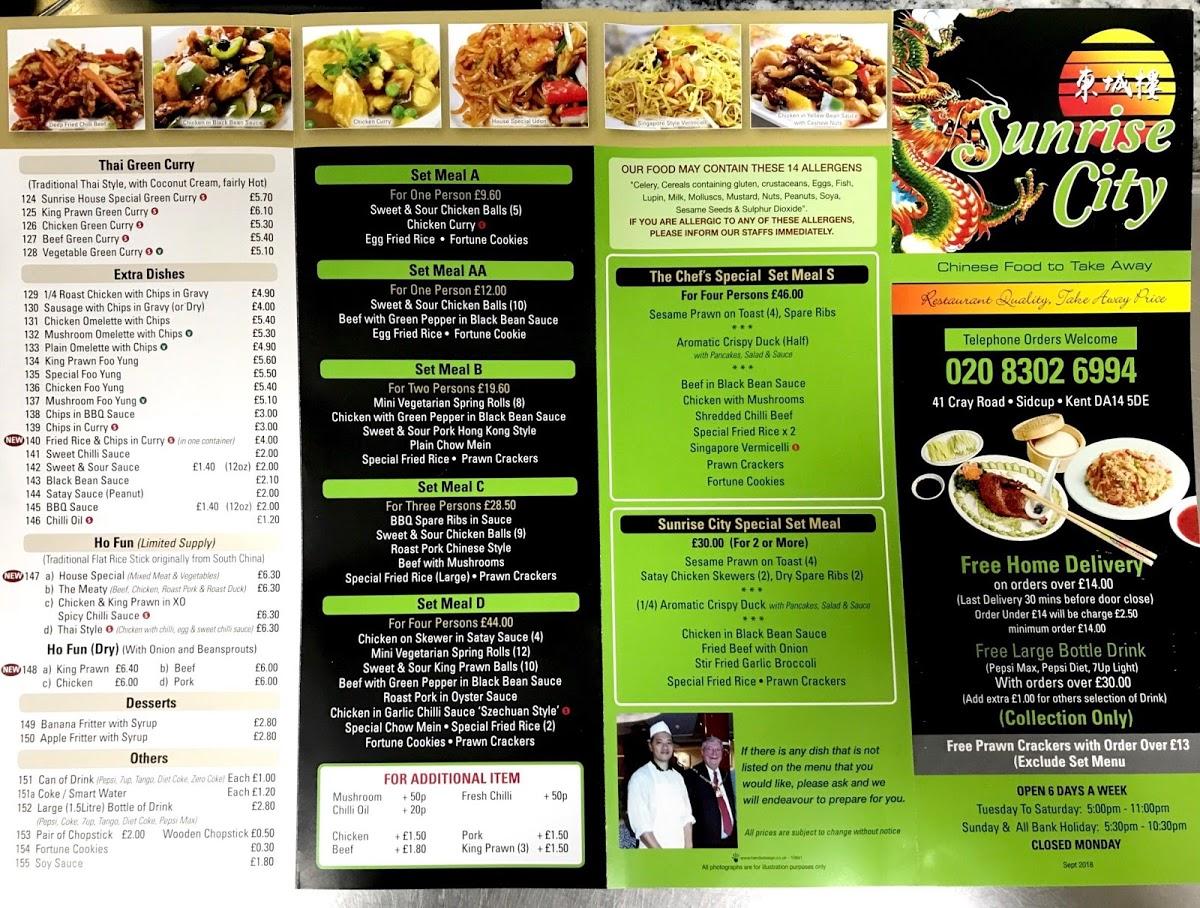 Menu at Sunrise City fast food, Sidcup