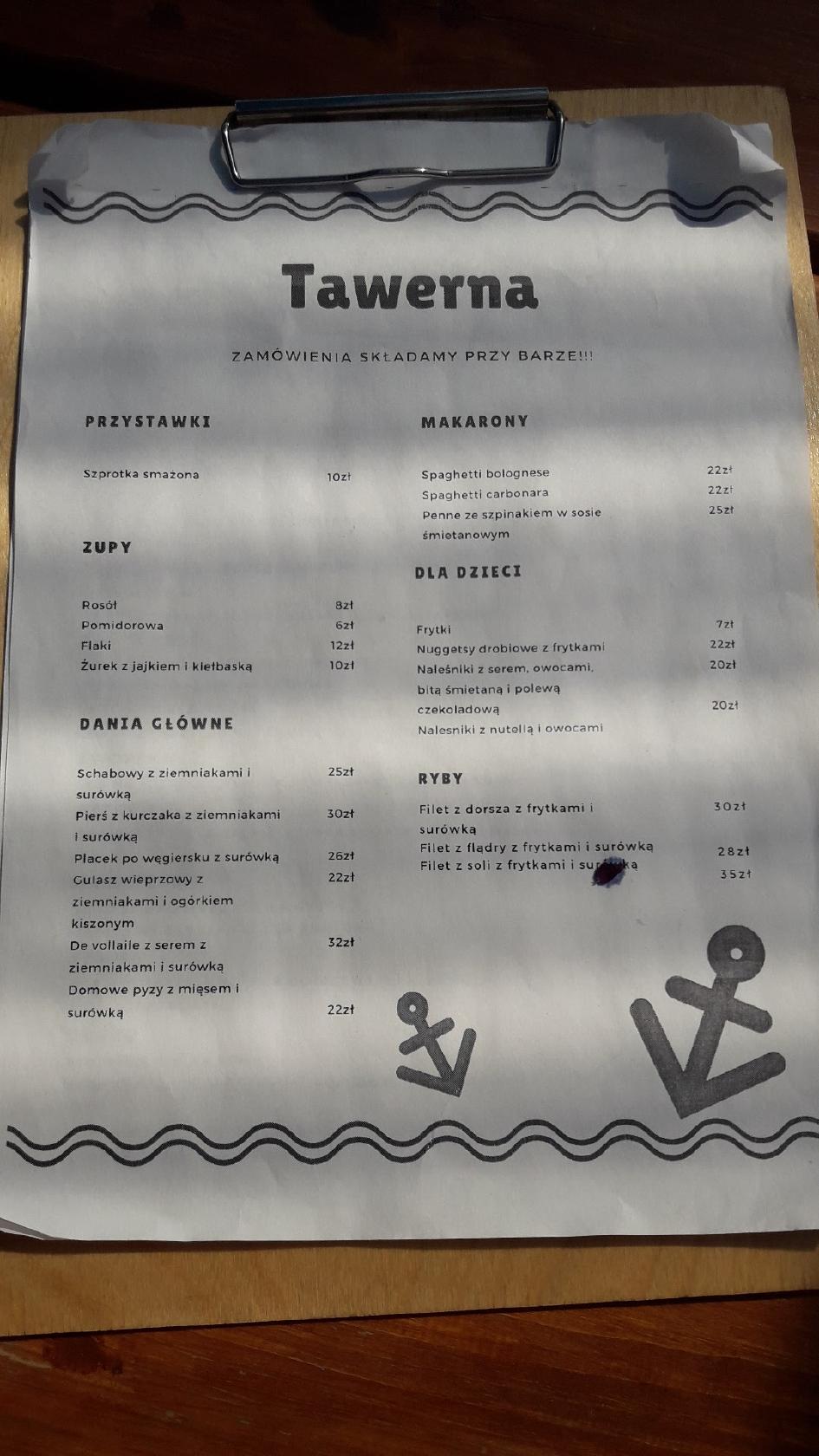 Menu at Tawerna restaurant, Dębki