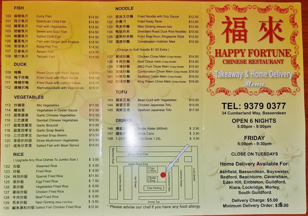 Carta de Happy Fortune Chinese Restaurant, Eden Hill