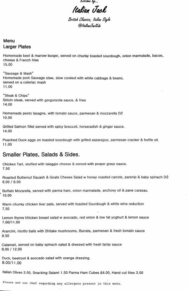 Menu at Italian Jack restaurant, London