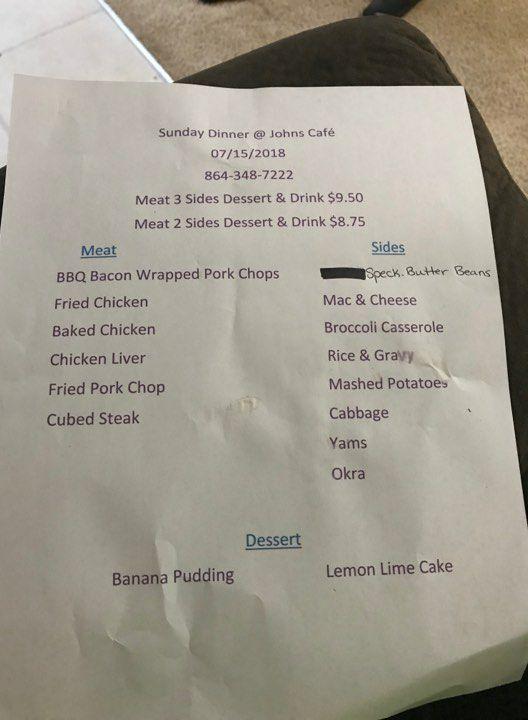 Menu at Johns Country Cooking Cafe, Antreville