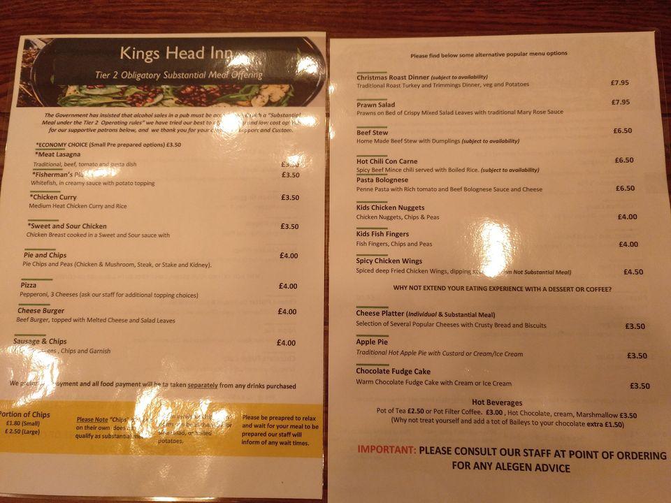 Menu at Kings Head pub & bar, Ulverston