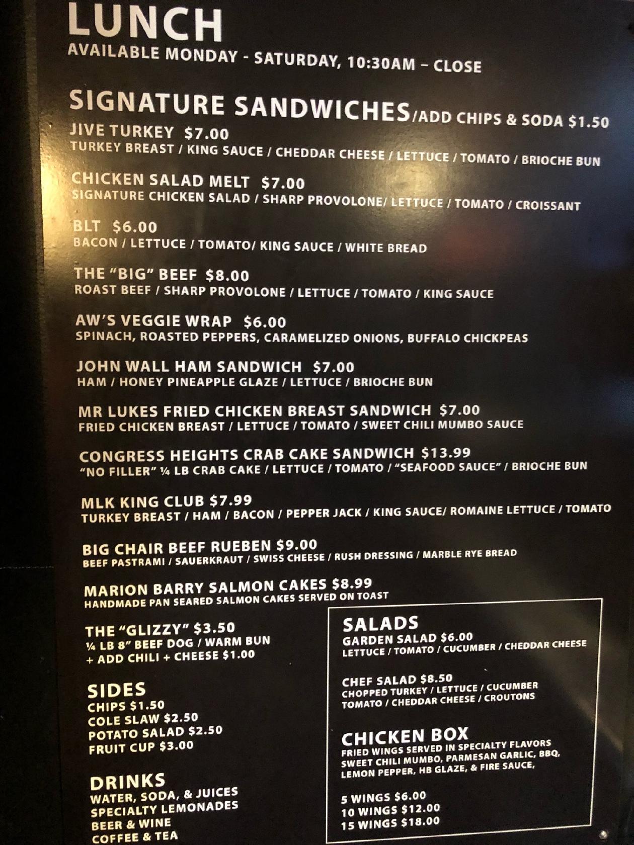 Menu at MLK Deli restaurant, Washington, Martin Luther King Jr Ave SE