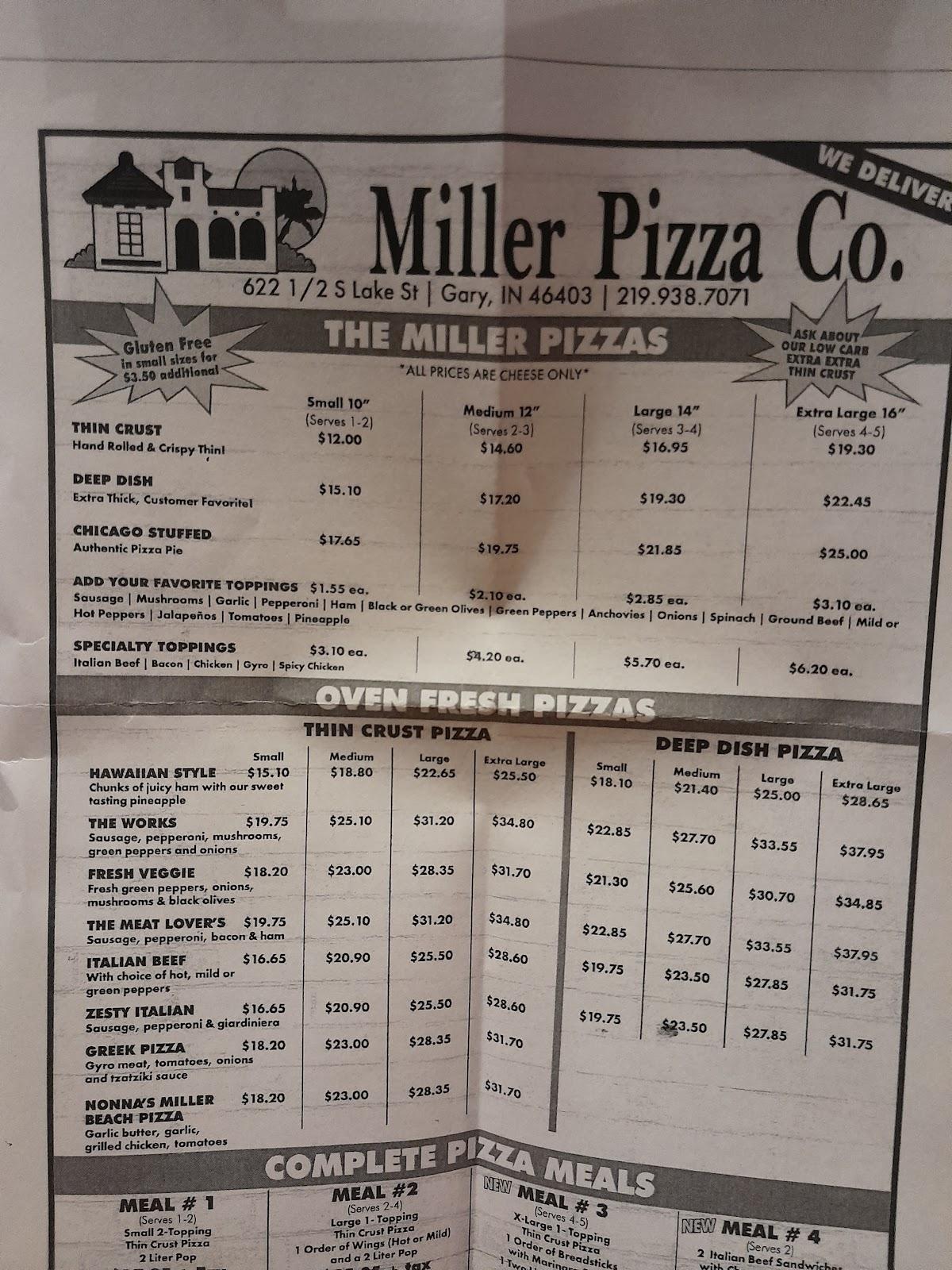 Menu at Miller Pizza Co. pizzeria, Gary, 622 1/2 S Lake St