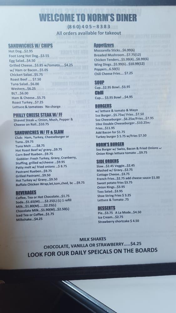 Menu at Norm's Diner restaurant, Groton