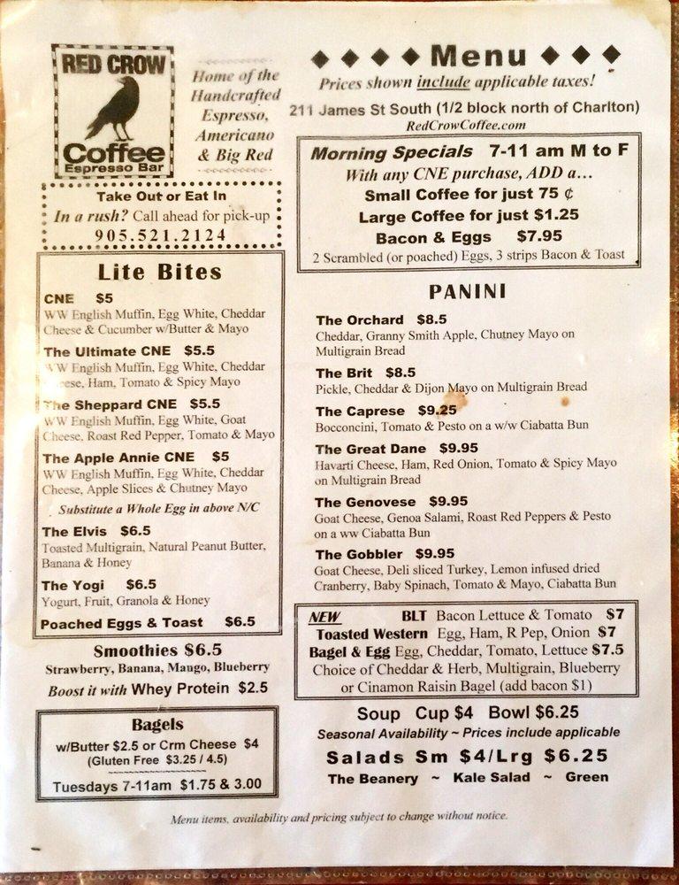 Menu at Red Crow Coffee cafe, Hamilton
