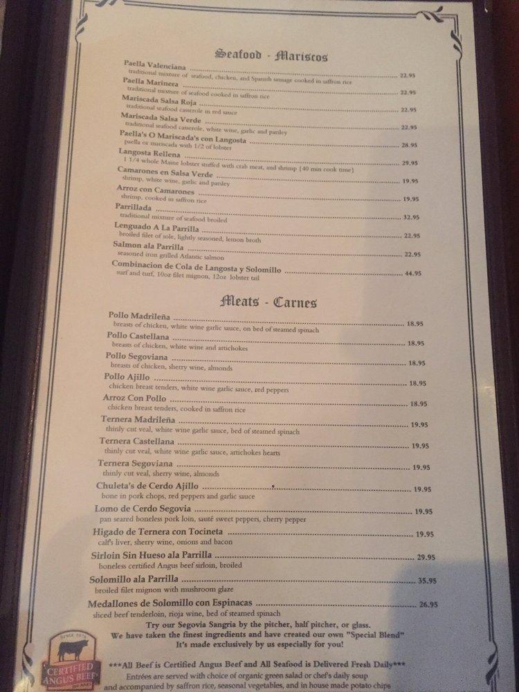 Menu at Segovia Restaurant, Moonachie