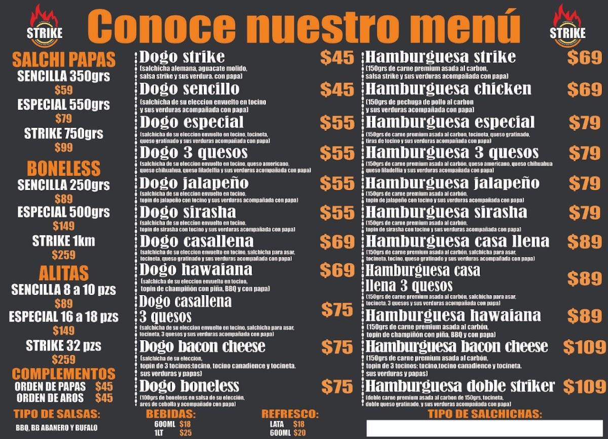 Menu at Strike wings restaurant, Culiacán