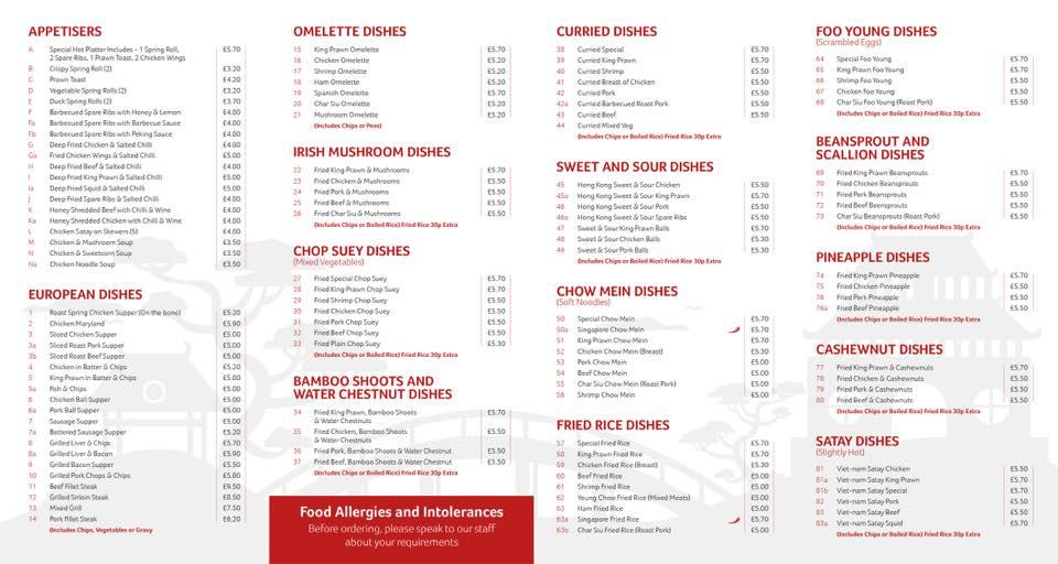 Menu at Tsan Welcome fast food, Donaghcloney