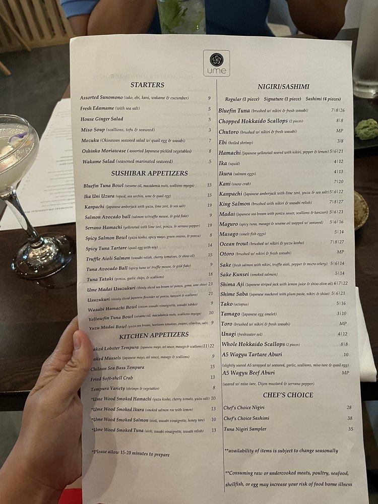 Menu at Ume restaurant, Houston