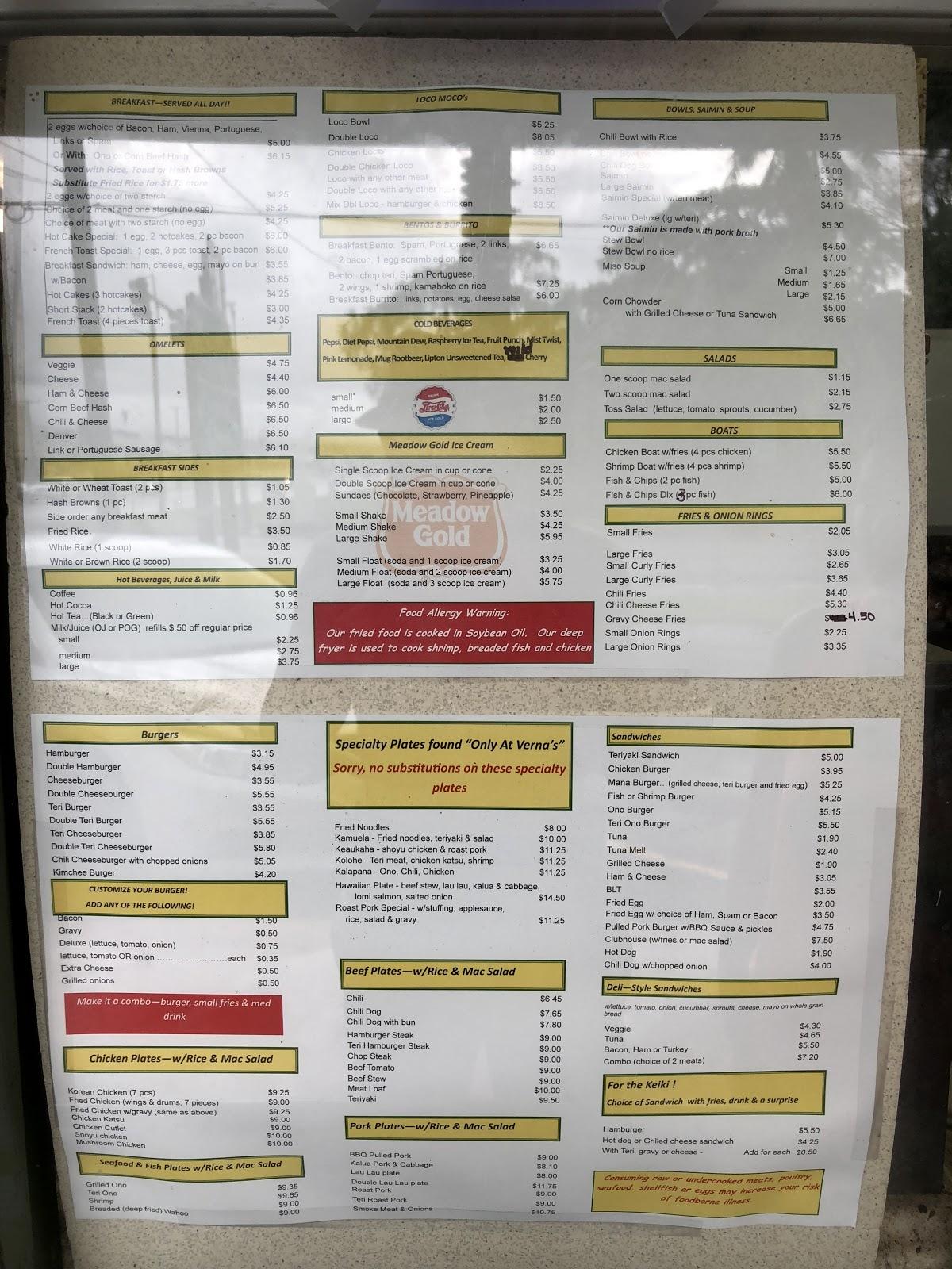 Menu at Verna's Drive In restaurant, Hilo