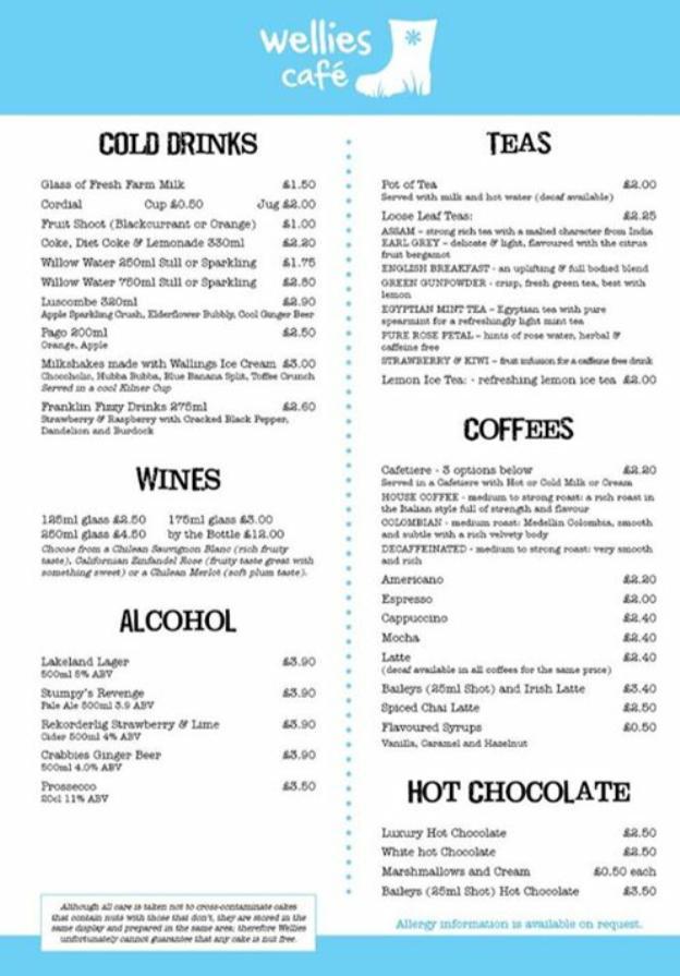 Menu at Wellies Cafe, Carnforth