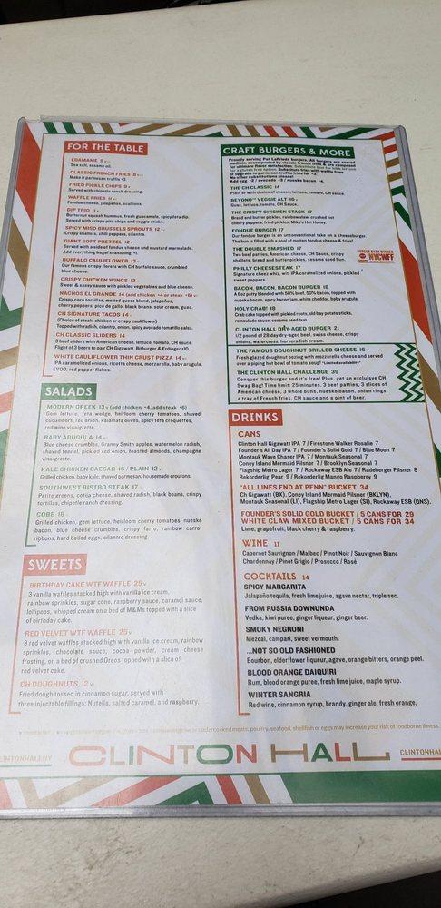 Menu at Clinton Hall pub & bar, New York City, 90 Washington St