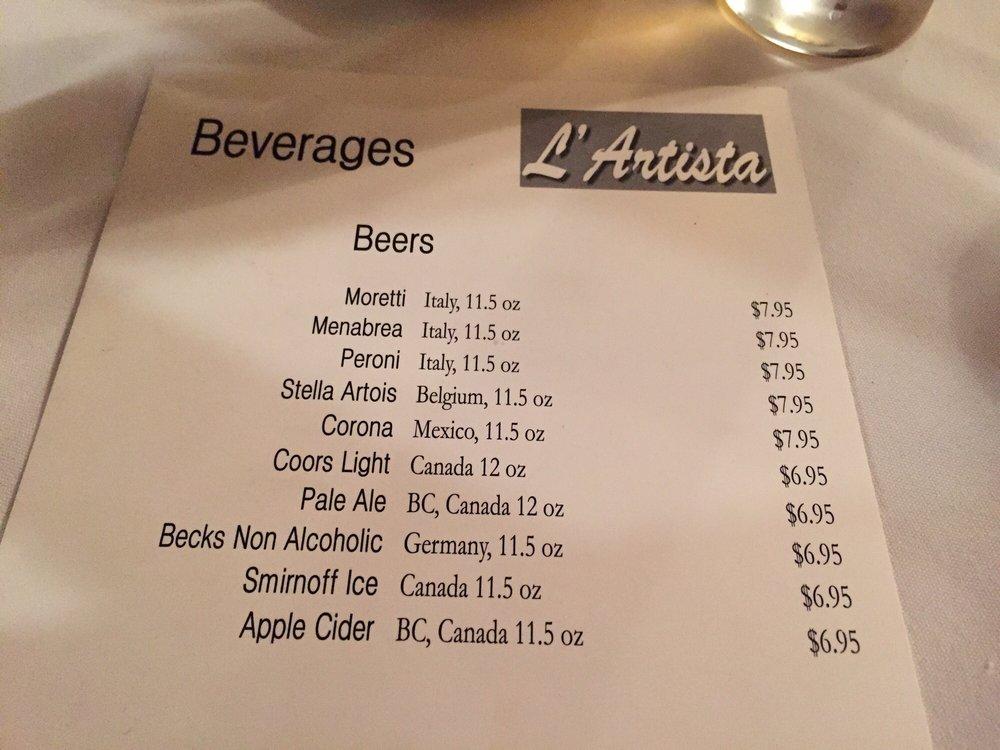 Menu at L'Artista Italian Restaurant, Burnaby