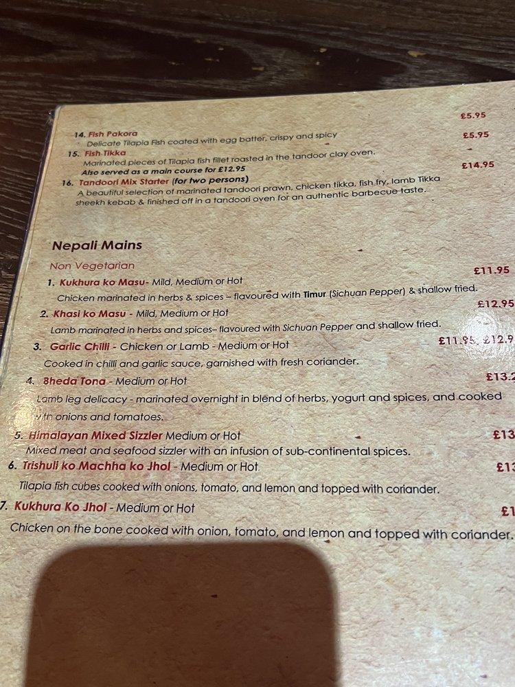 Menu at Namaste Kathmandu Restaurant, Edinburgh