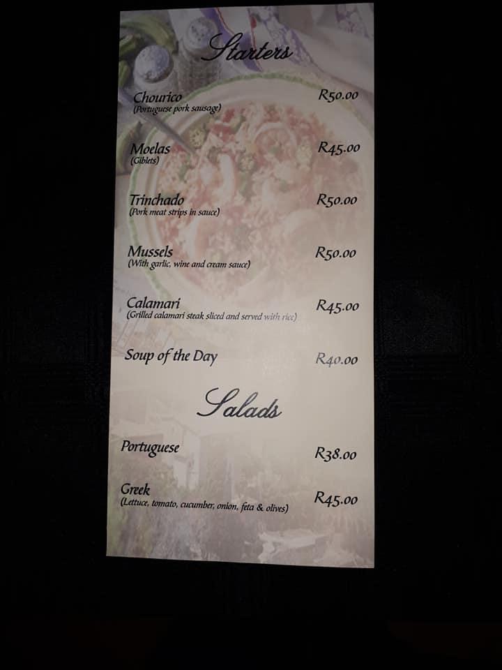 Menu at Shanna's Portuguese Restaurant, Port Elizabeth