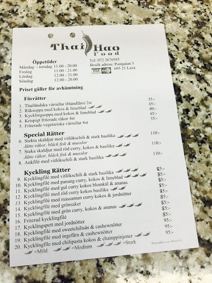Menu at Thai Hao Restaurang restaurant, Laxå