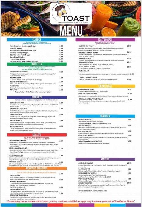 Carta de Toast Cafe & Grill, San Jose, Bird Ave.