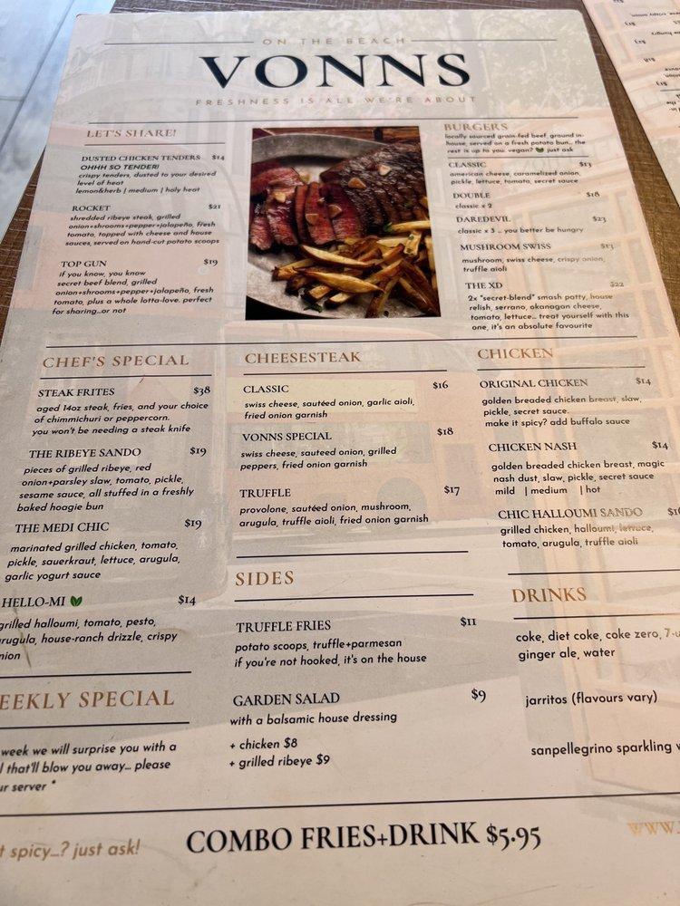 Menu at Vonns Vancouver Smash Burgers and Cheesesteak Smash Burgers ...