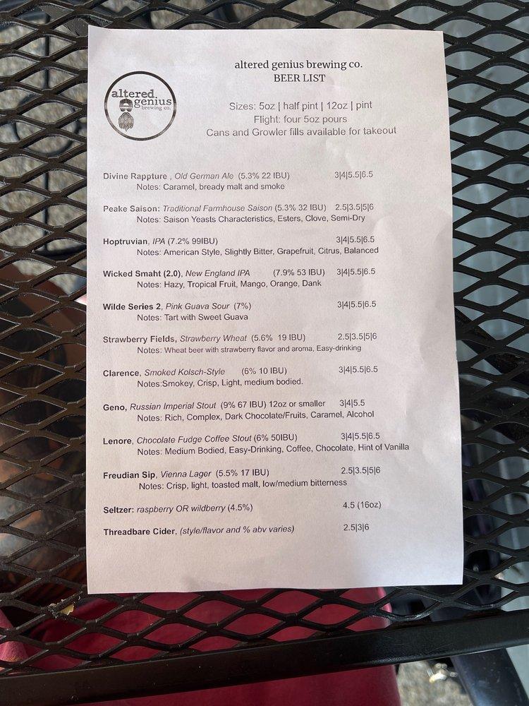 Menu at Altered Genius Brewery restaurant, Ambridge