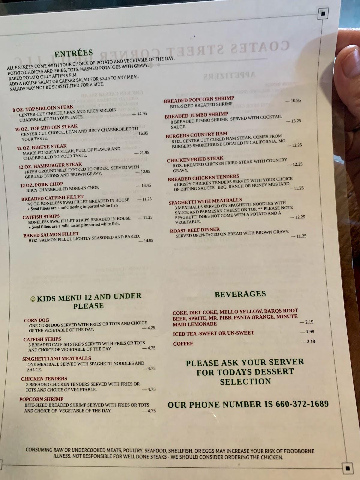 Menu at Coates Street Corner Grill LLC pub & bar, Moberly