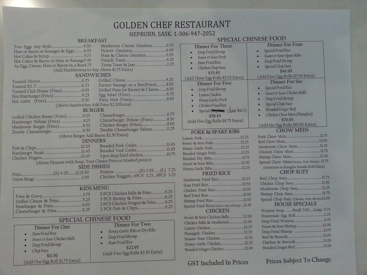 Menu at Golden Chef restaurant, Hepburn
