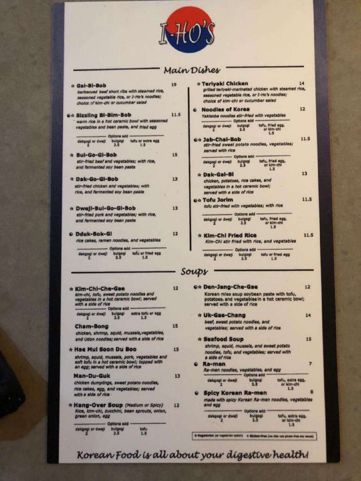 Menu at I-Ho's Korean Grill restaurant, Bozeman