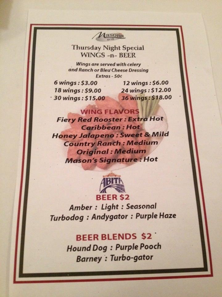 Menu at Mason's Grill restaurant, Baton Rouge