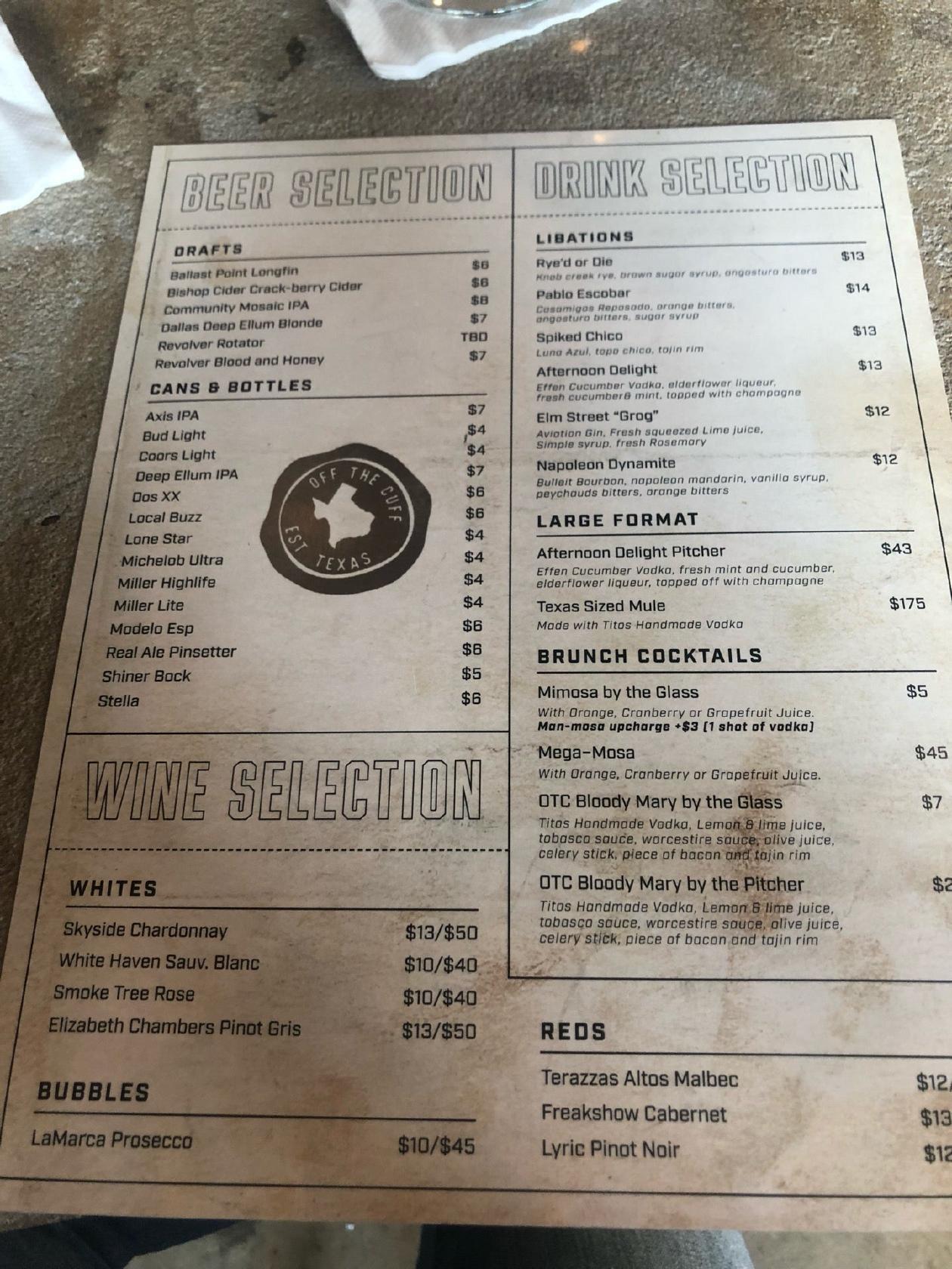 Menu at Off The Cuff pub & bar, Dallas