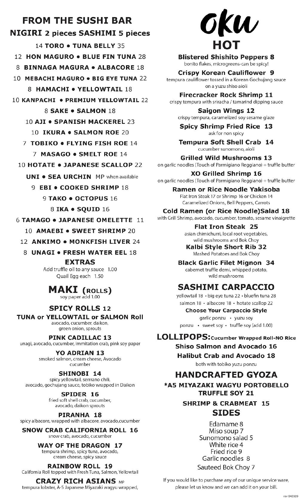 Carta del restaurante Oku, Santa Barbara