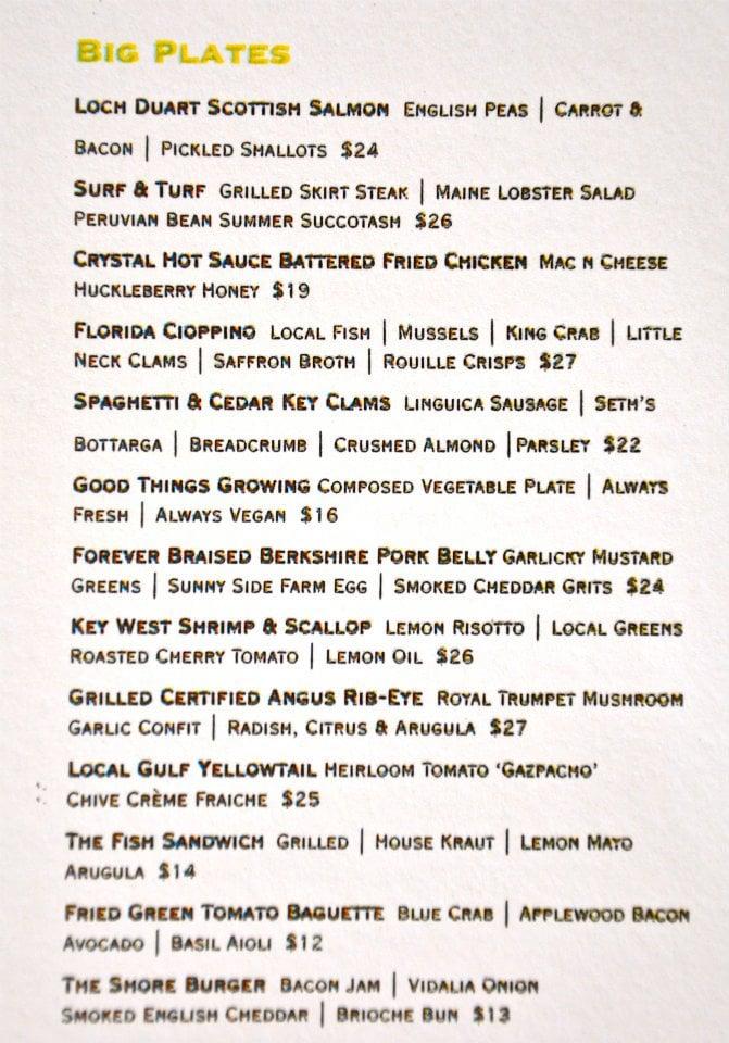 Menu at Shore St. Armands restaurant, Sarasota
