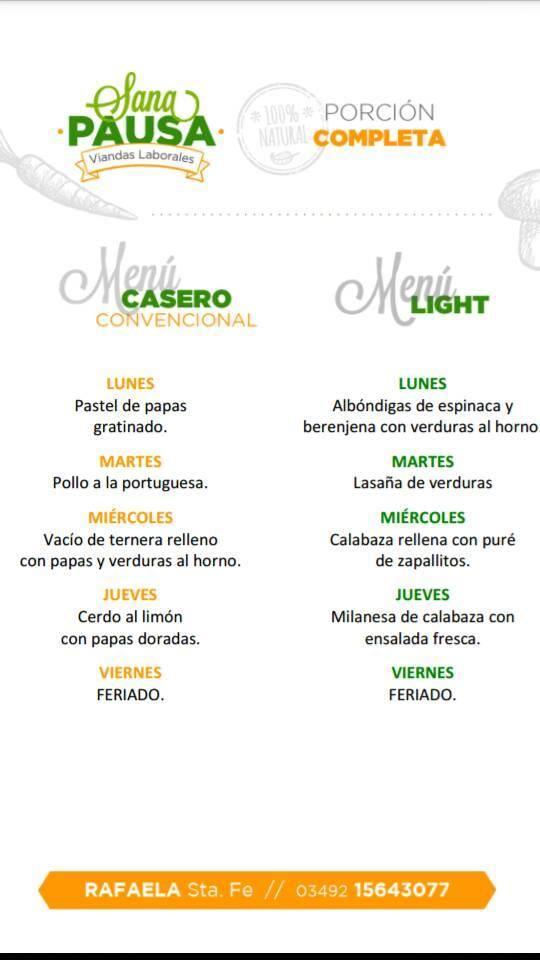 Menu at Sana pausa restaurant, Rafaela