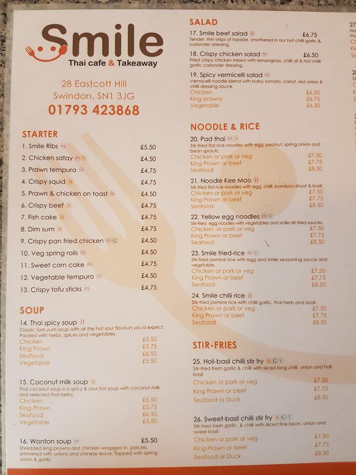 Menu at Smile Thai Cafe & Takeaway, Swindon