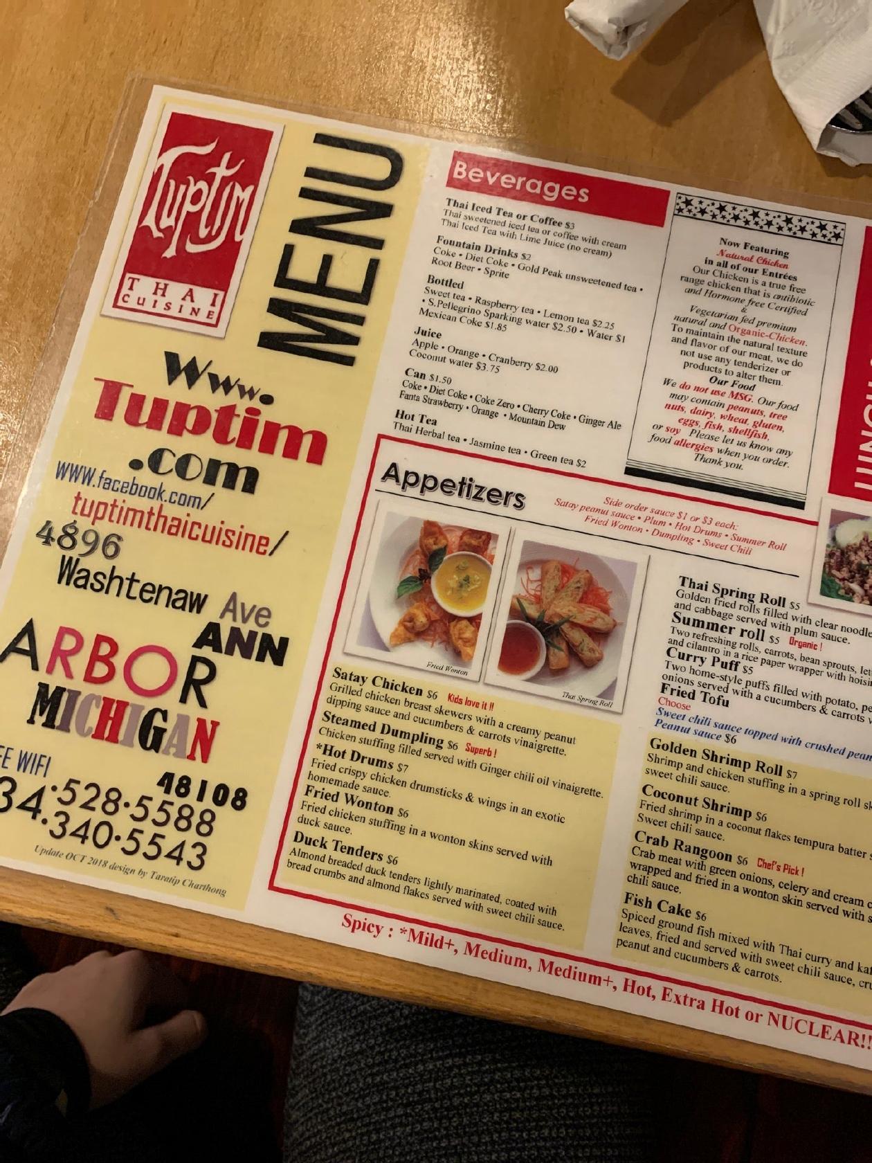Menu at Tuptim Thai Cuisine restaurant, Ypsilanti