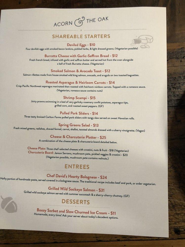 Menu at Acorn & the Oak pub & bar, Camas, NE Everett St