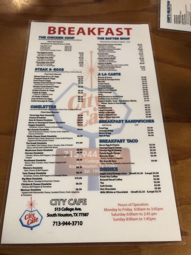 Menu at City Cafe, South Houston, 513 College Ave