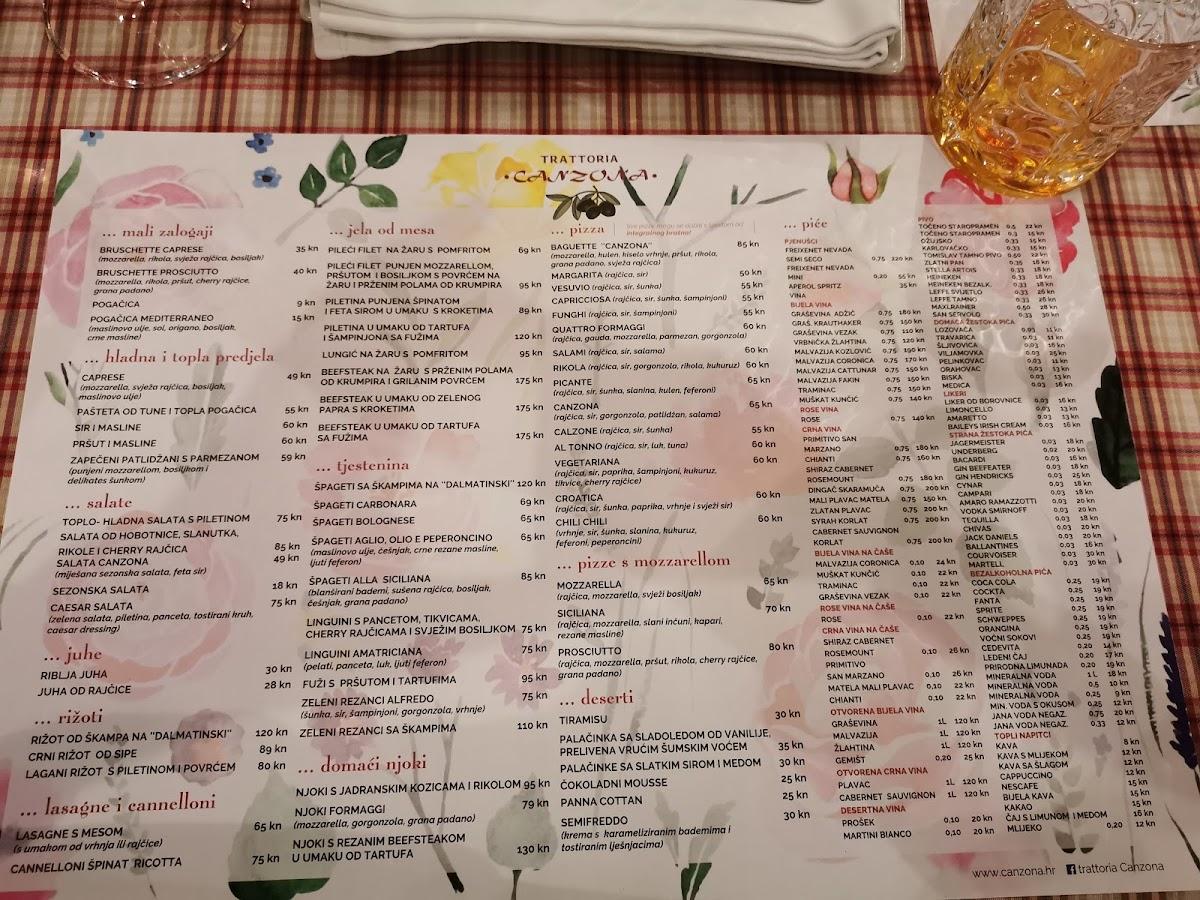 Menu at Canzona - Trattoria restaurant, Zagreb