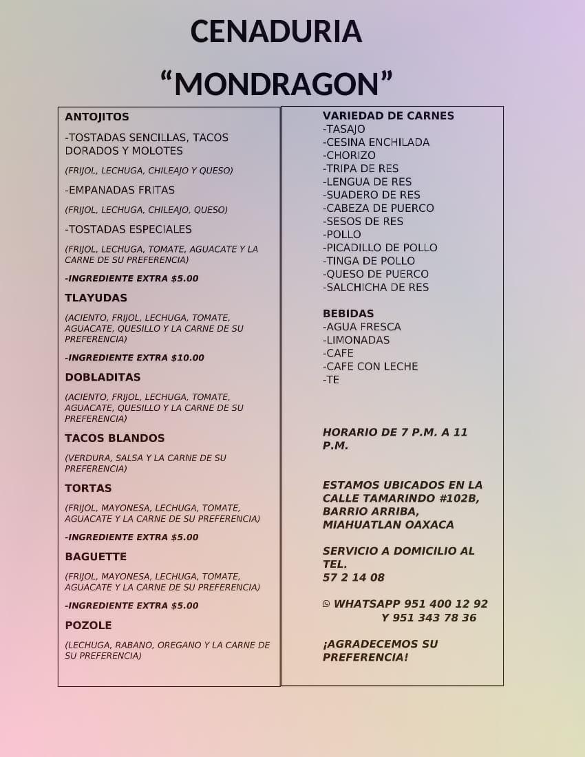 Menu at Cenaduria Mondragón restaurant, Miahuatlán de Porfirio Díaz