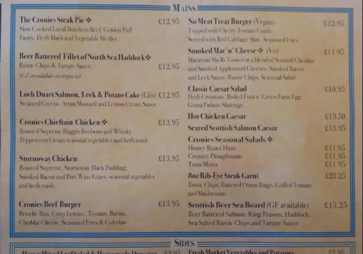 Menu at Cronies Bar & Restaurant, Stirling