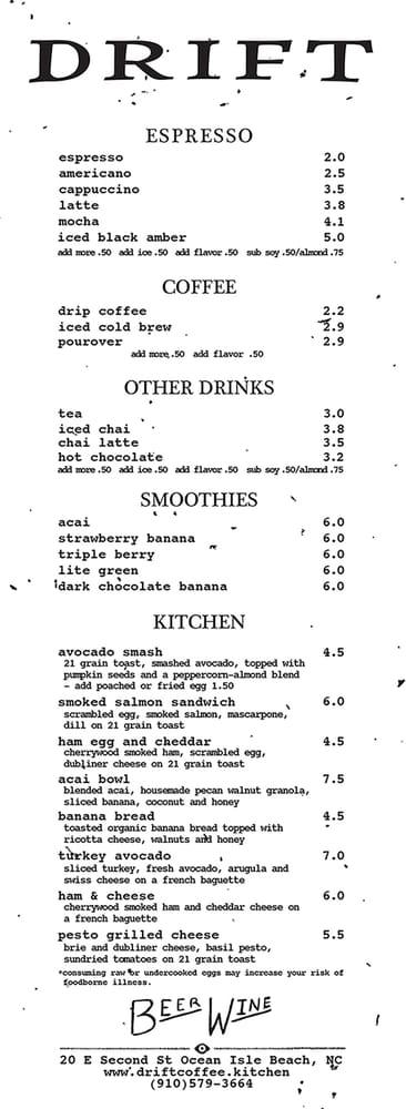 Menu at Drift Coffee Shop & Kitchen Ocean Isle Beach pub & bar, Ocean ...