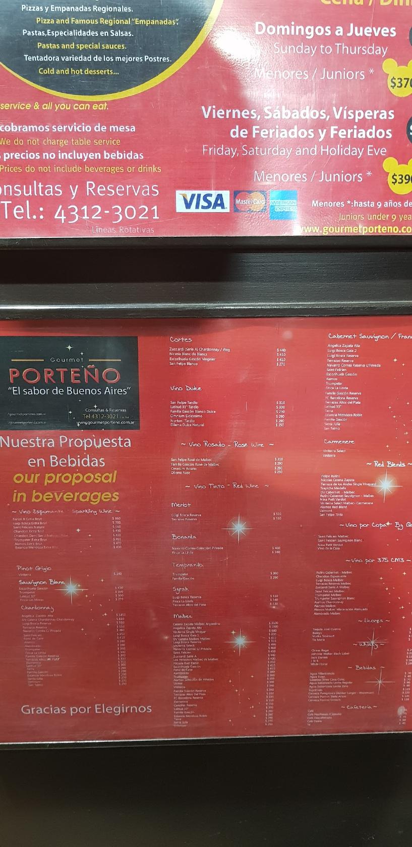 Carta del restaurante Gourmet Porteño, Buenos Aires