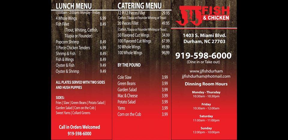 Menu at J & J Fish & Chicken restaurant, Durham, S Miami Blvd