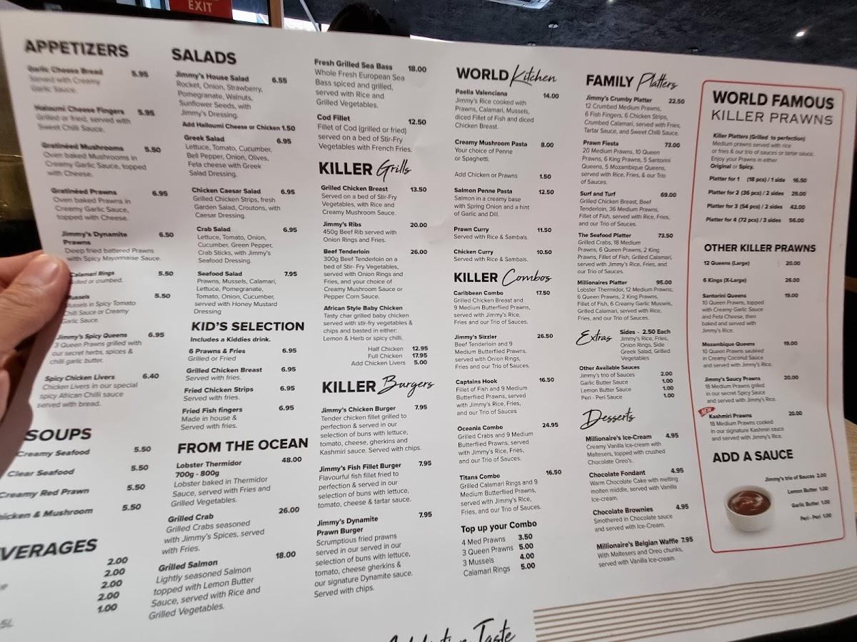 Menu at Jimmys Killer Prawns restaurant, Leicester