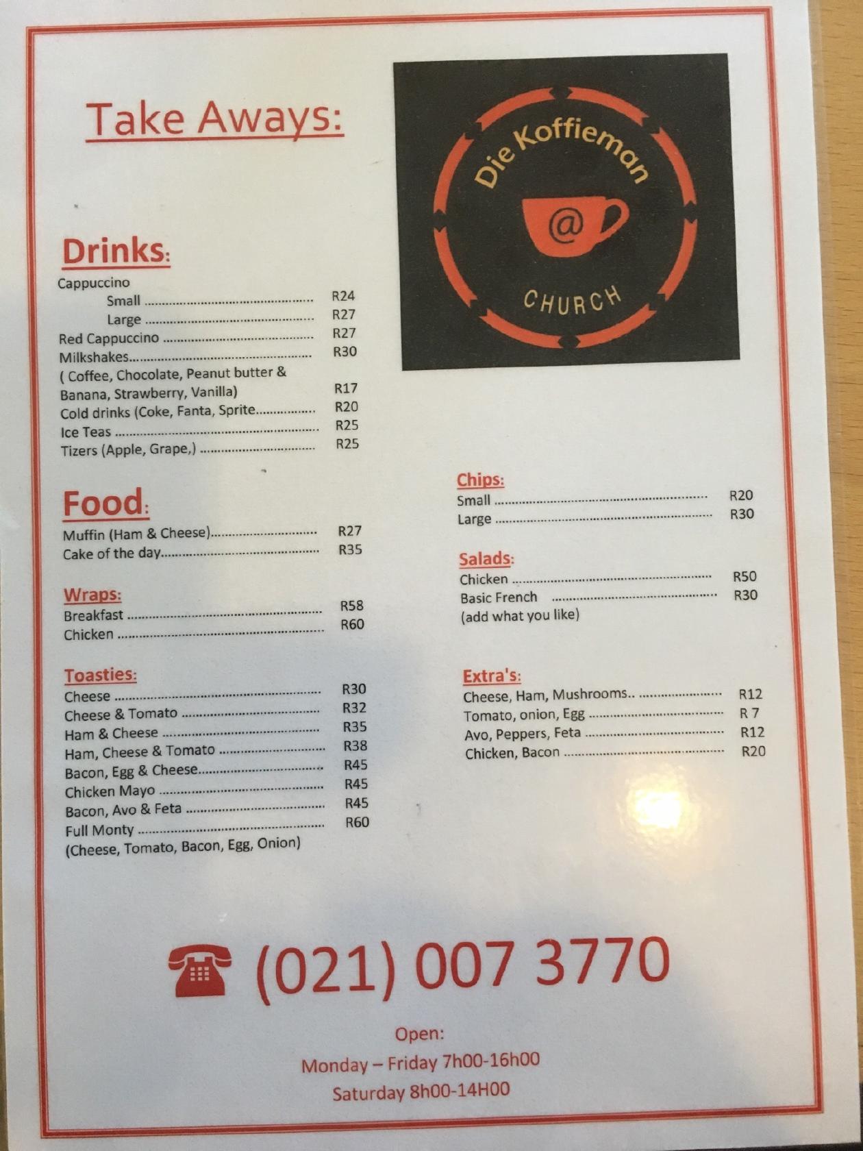 Menu at Koffieman cafe, Cape Town